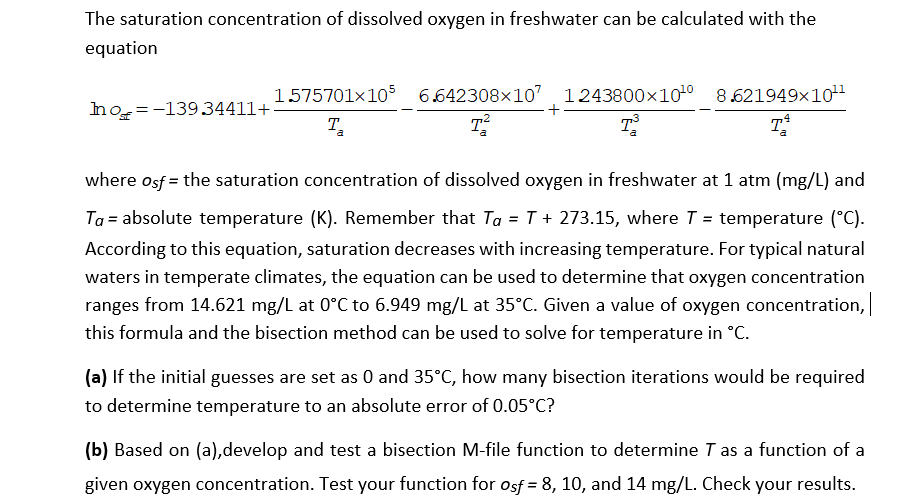 Solved The saturation concentration of dissolved oxygen in | Chegg.com