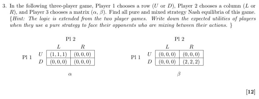 Solved 3. In the following three-player game, Player 1 | Chegg.com
