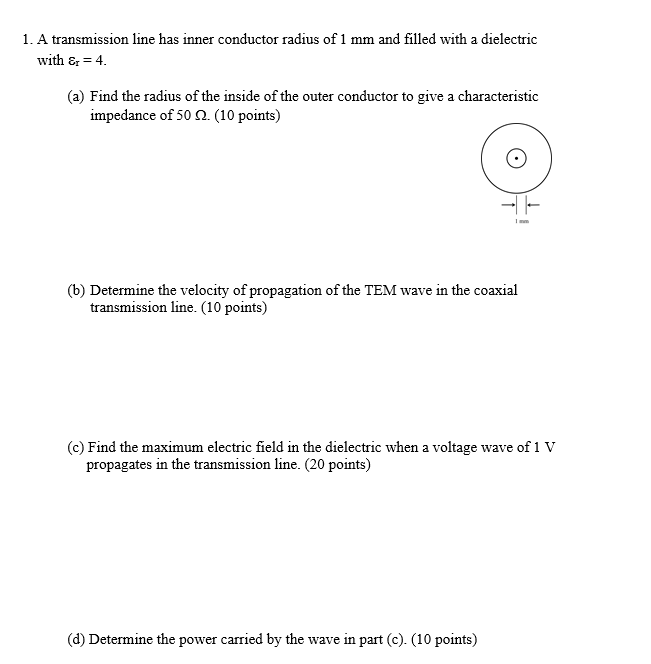 Solved 1. A transmission line has inner conductor radius of | Chegg.com
