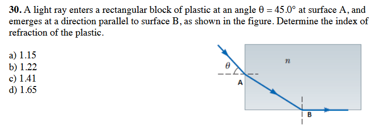 Solved 30. A light ray enters a rectangular block of plastic | Chegg.com