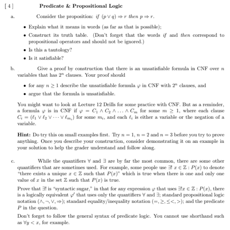 a. [ 4 ] Predicate & Propositional Logic Consider the | Chegg.com