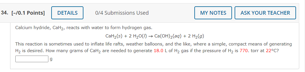 Solved Calcium hydride, CaH2, reacts with water to form | Chegg.com