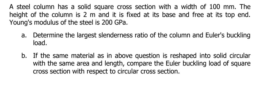 Solved A steel column has a solid square cross section with | Chegg.com