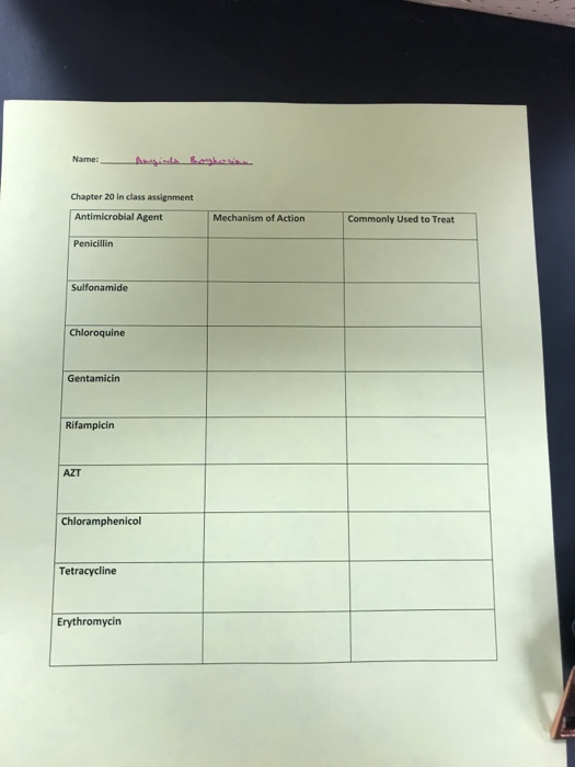 Solved Name: Chapter 20 in class assignment Antimicrobial | Chegg.com