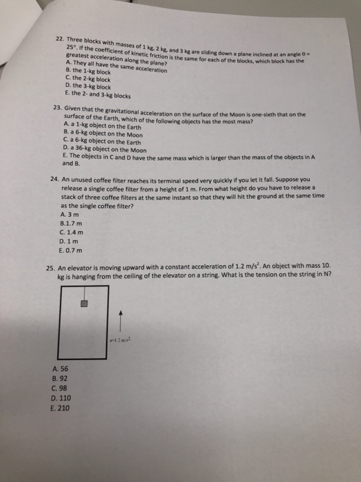 Solved 22. Three blocks with masses of 1 kg, 2 kg, and 3 kg | Chegg.com