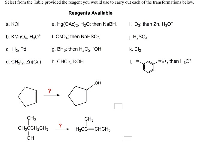 Solved Select from the Table provided the reagent you would | Chegg.com