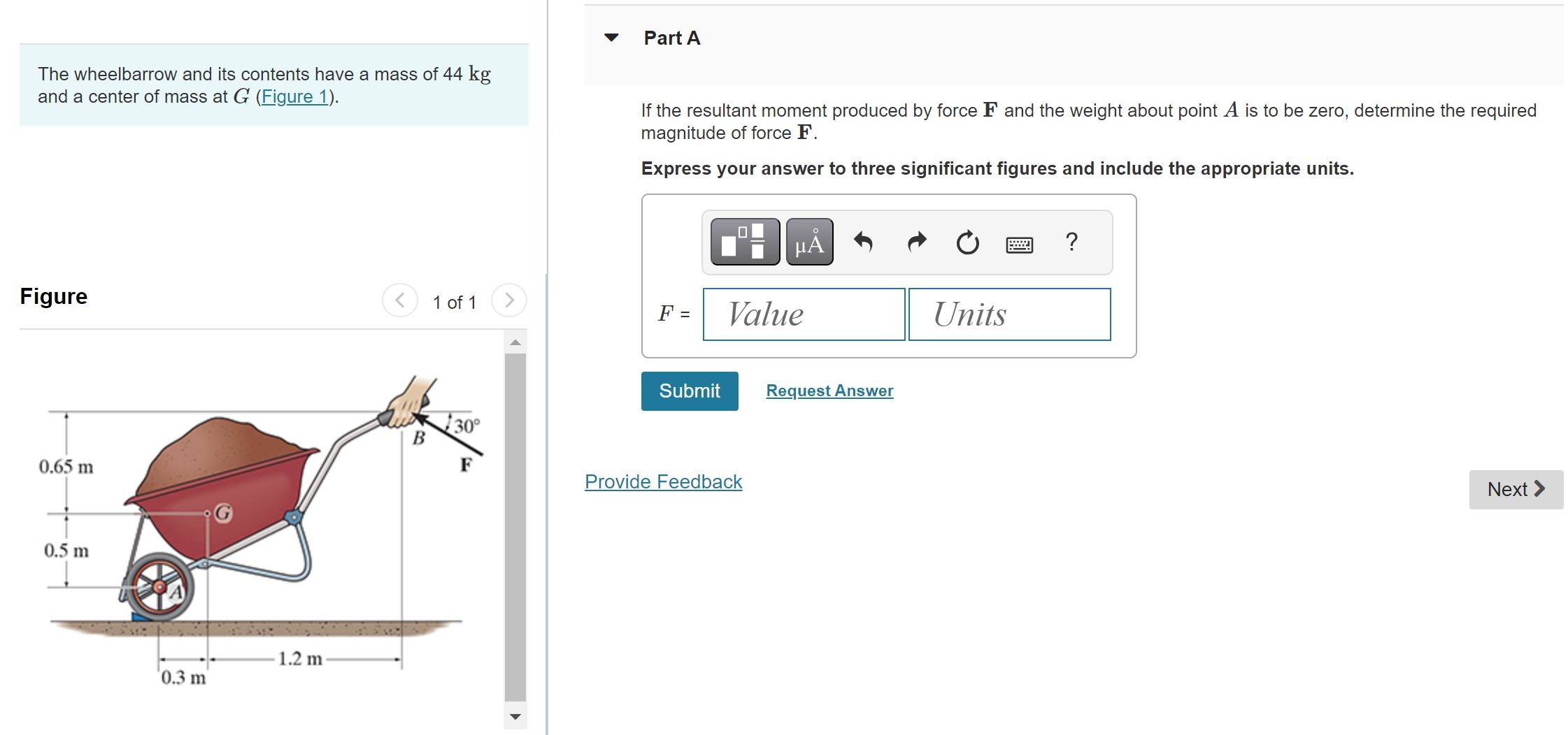 Solved The wheelbarrow and its contents have a mass of 44 kg | Chegg.com