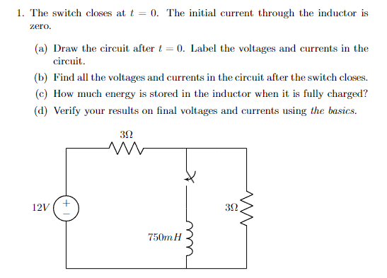 Solved The switch closes at t=0. ﻿The initial current | Chegg.com