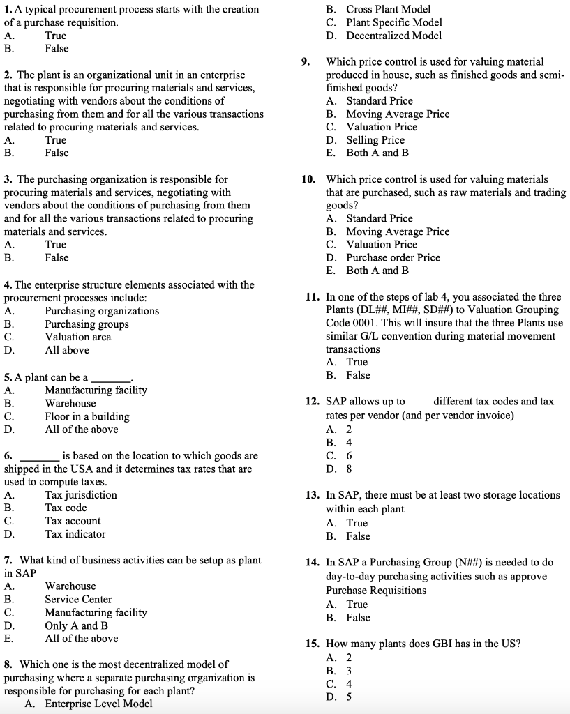Solved 1. A typical procurement process starts with the | Chegg.com