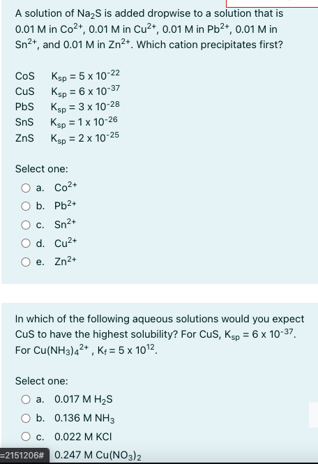 Solved A solution of Na2S is added dropwise to a solution | Chegg.com