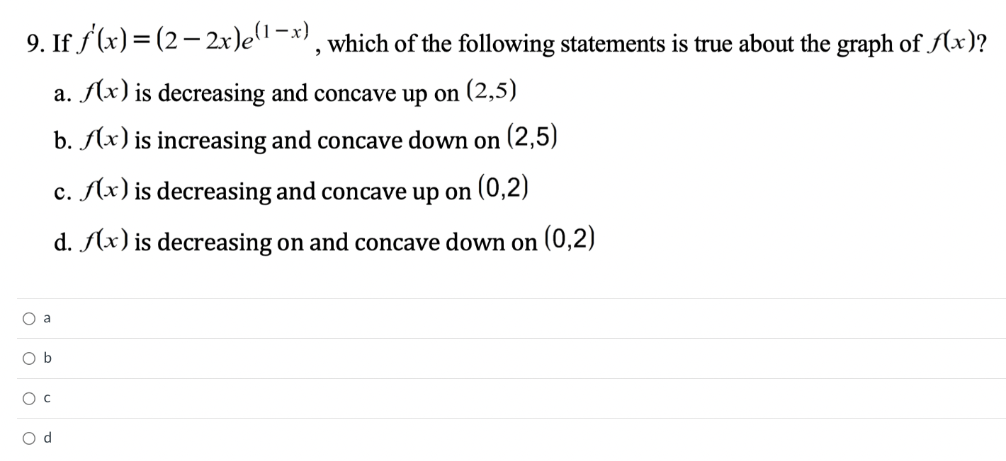 Solved If f'(x)=(2-2x)e(1-x), ﻿which of the following | Chegg.com