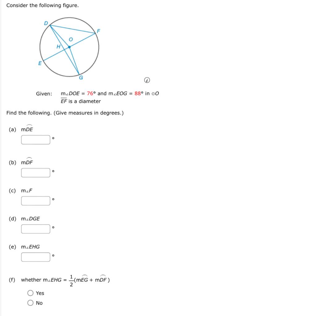 Solved Consider the following figure. (i) Given: m∠DOE=76∘ | Chegg.com