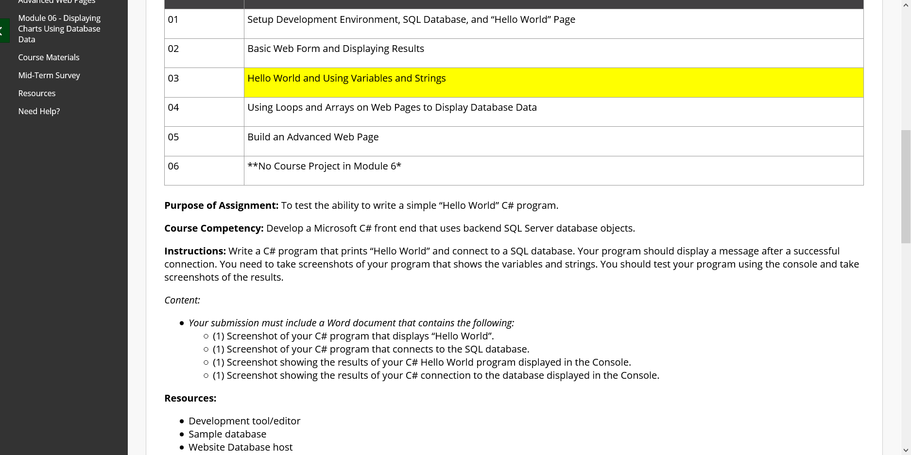 Solved 01 Setup Development Environment, SQL Database, and | Chegg.com