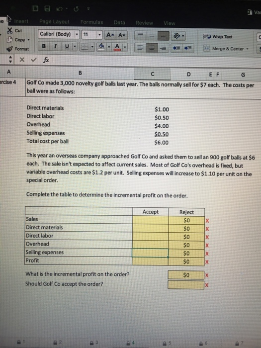 Solved Page Layout Formulas Data Review View ||Calibri | Chegg.com