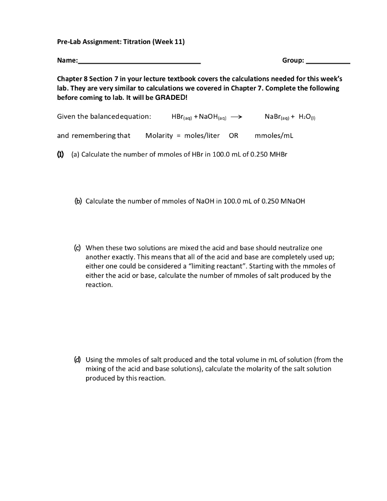 Solved Pre-Lab Assignment: Titration (Week 11) Name: Group: | Chegg.com