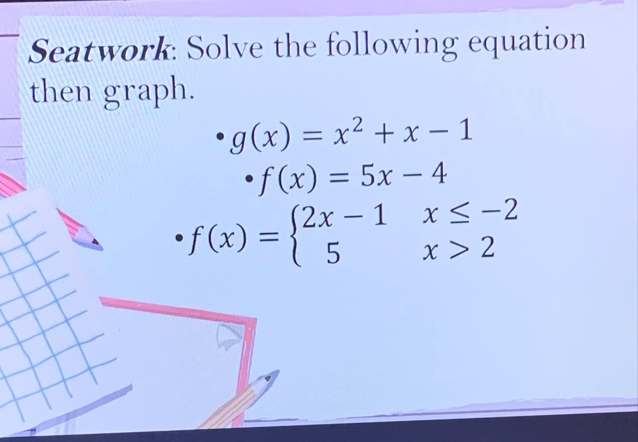 Solved Seatwork: Solve the following equation then graph. - | Chegg.com