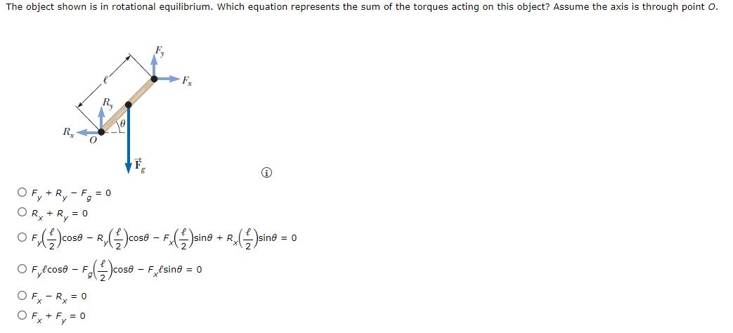 Solved Fy+Ry−Fg=0Rx+Ry=0Fy(2ℓ)cosθ−Ry(2ℓ)cosθ−Fx(2ℓ)sinθ+Rx( | Chegg.com