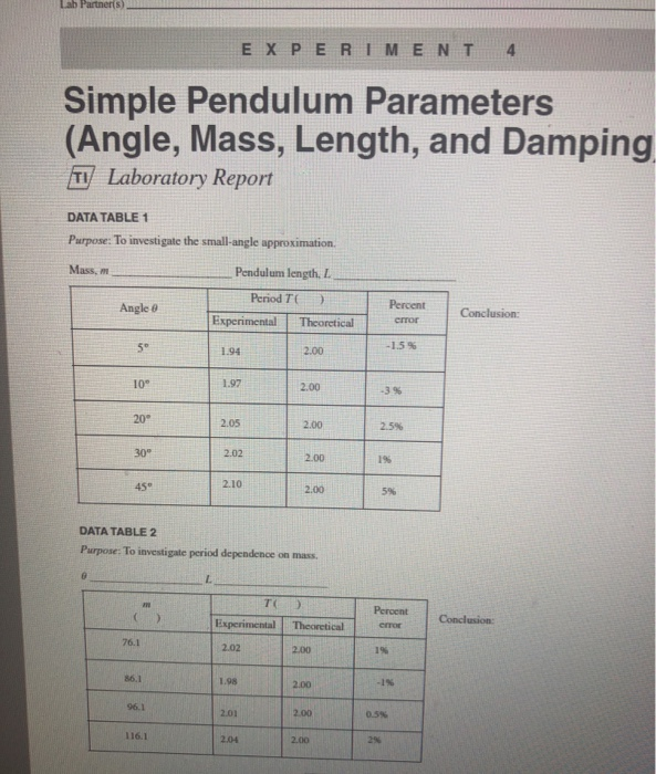 Solved Lab Partners) E X P E R IM E N T Simple Pendulum | Chegg.com