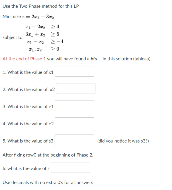 Solved Use the Two Phase method for this LP Minimize z = 211 | Chegg.com