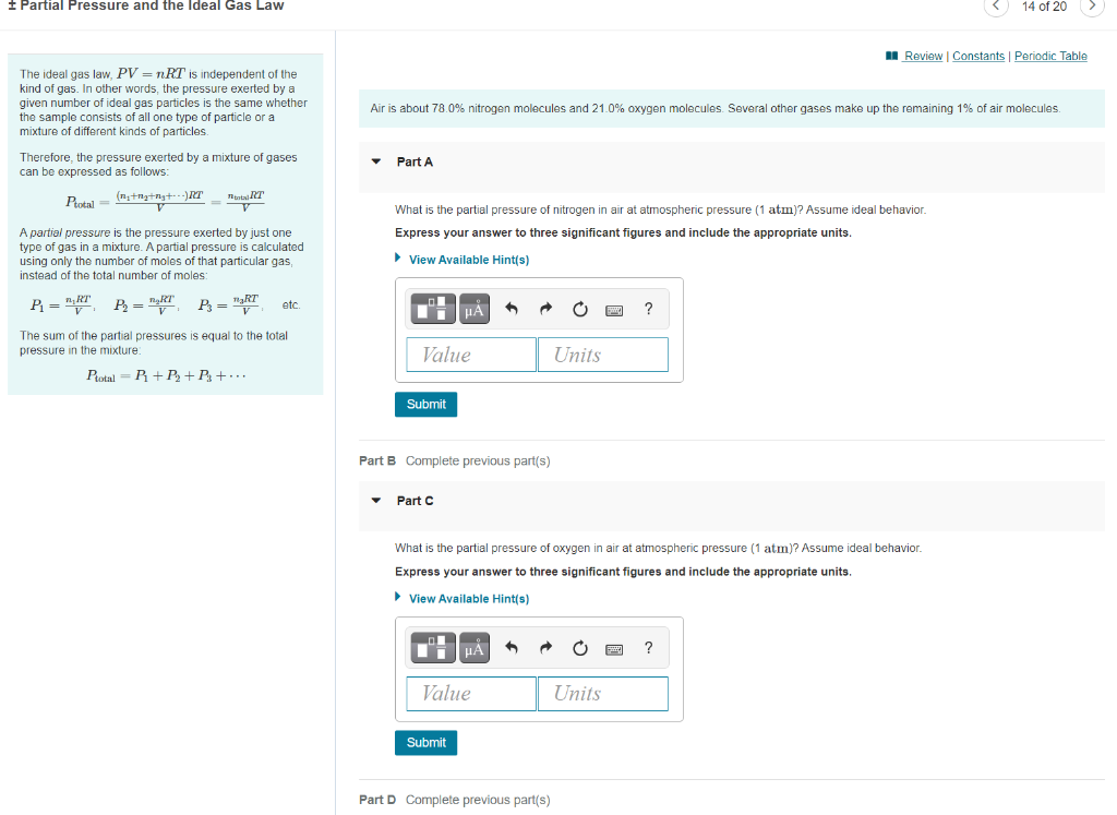 Solved Partial Pressure and the Ideal Gas Law 14 of 20 I | Chegg.com