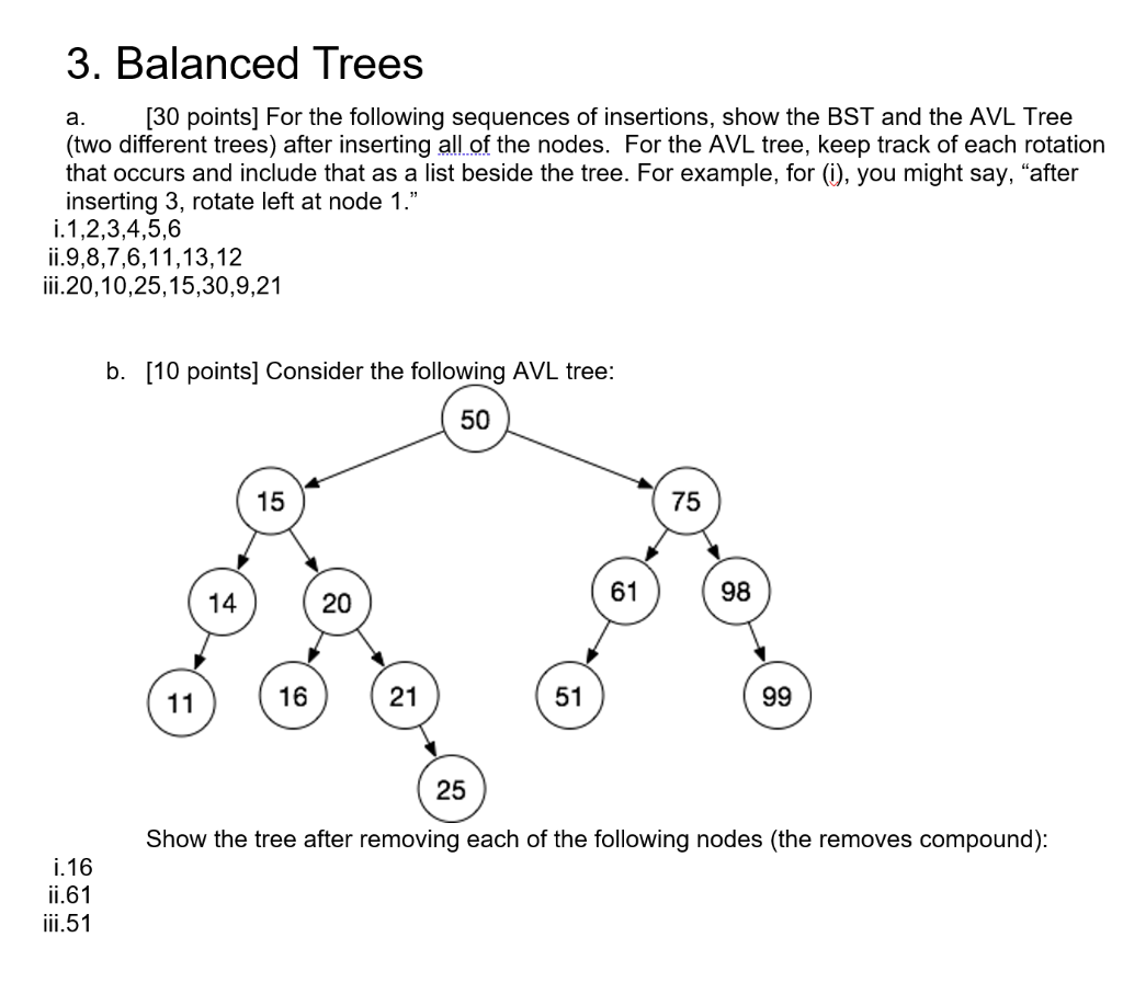 Solved a. 3. Balanced Trees [30 points] For the following | Chegg.com