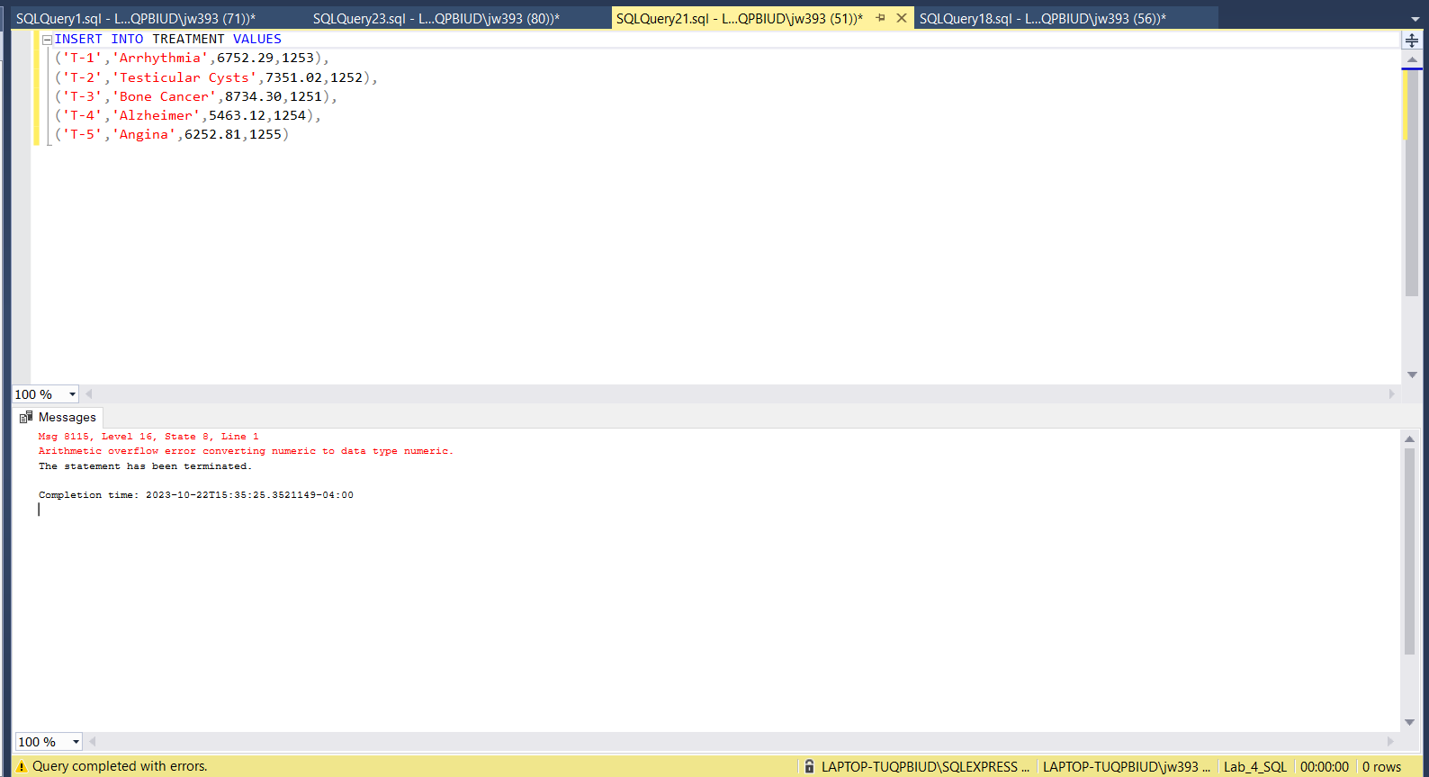 Solved → CREATE TABLE TREATMENT (treatment_code varchar(4), | Chegg.com