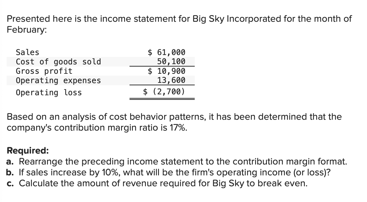 Solved Presented here is the income statement for Big Sky | Chegg.com