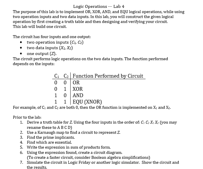 Logic Operations --- Lab 4 The purpose of this lab is | Chegg.com