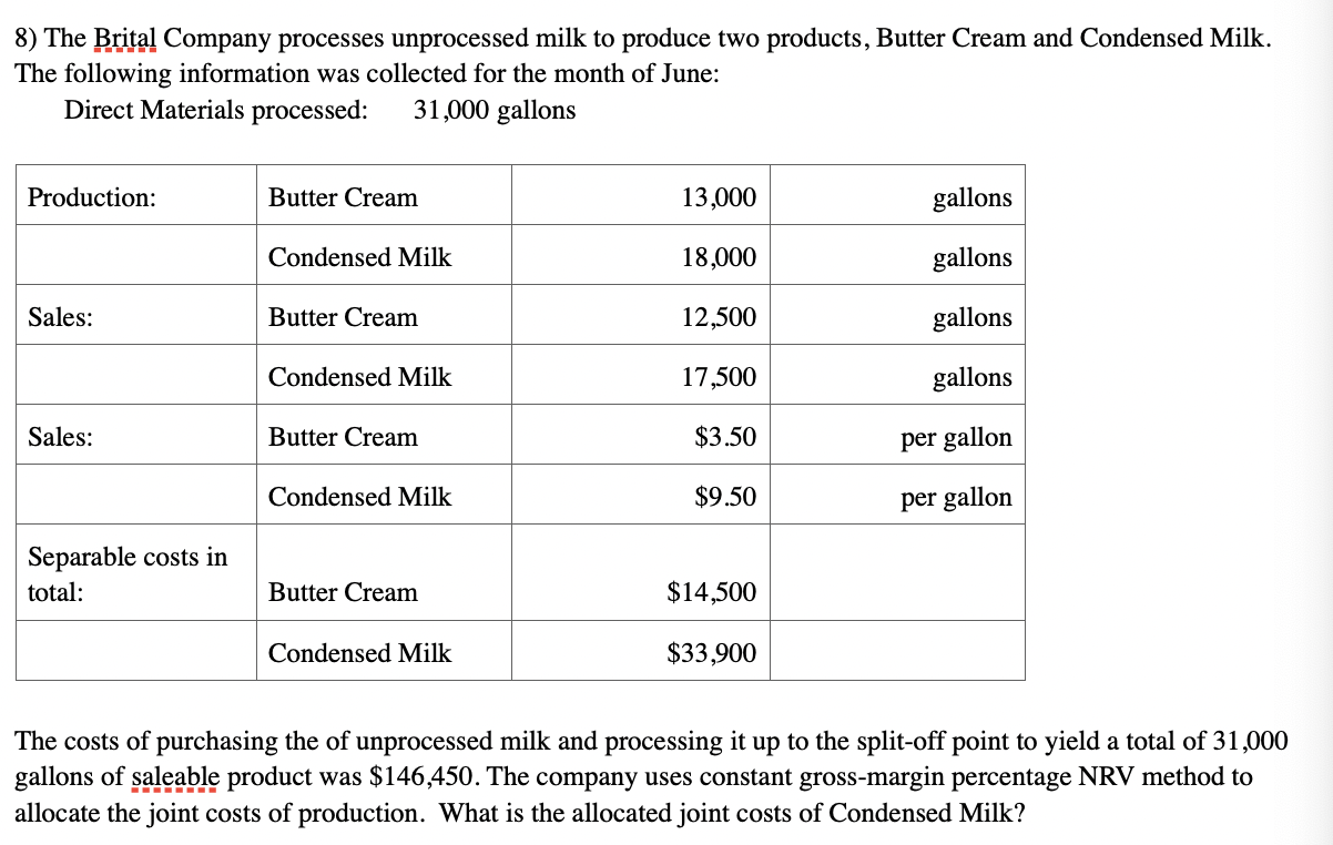 Solved 8) The Brital Company processes unprocessed milk to | Chegg.com