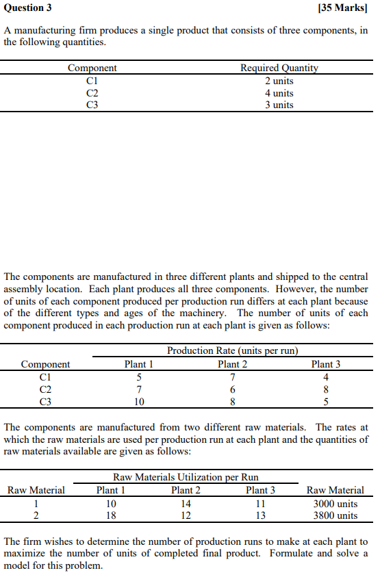 Solved Question 3 [35 Marks) A manufacturing firm produces a | Chegg.com
