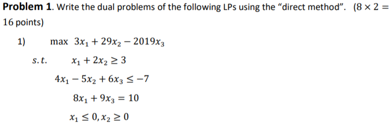 Solved Problem 1. Write the dual problems of the following | Chegg.com