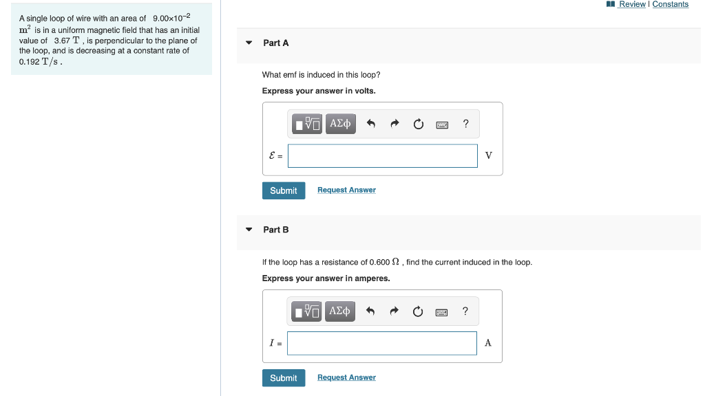 Solved Review Constants A single loop of wire with an area | Chegg.com