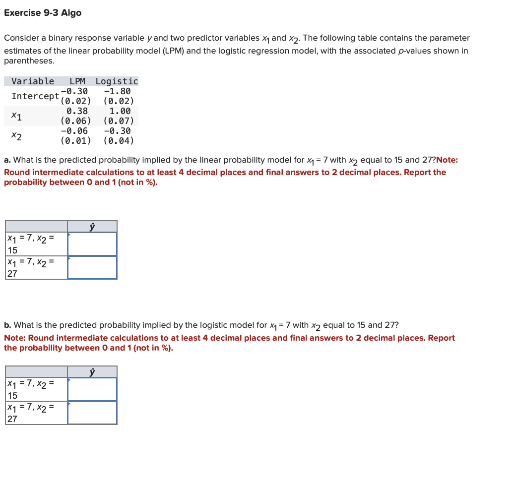 Exercise 9-3 ﻿AlgoConsider a binary response variable | Chegg.com