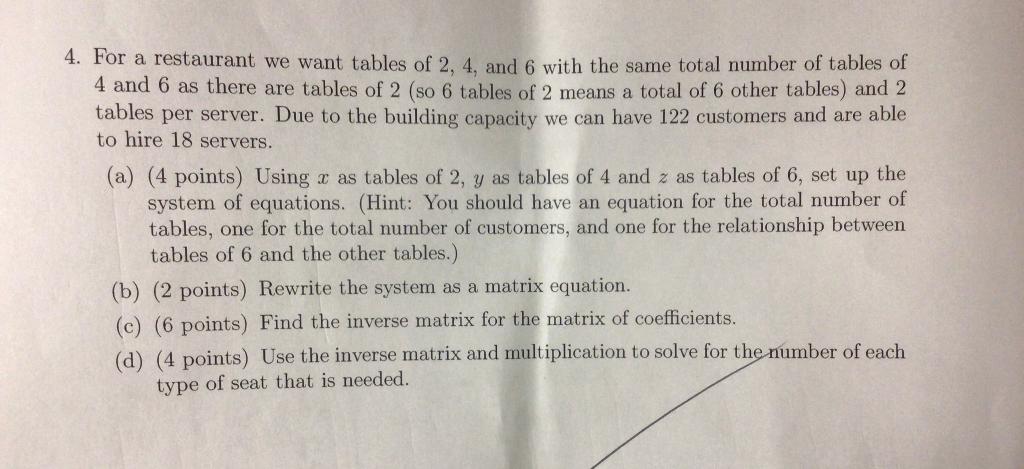 Solved 4. For a restaurant we want tables of 2, 4, and 6 | Chegg.com