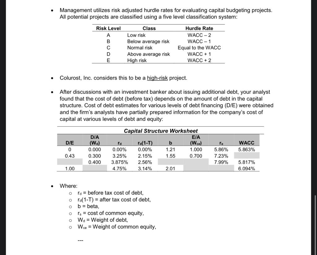 Solved 2. Project analysis: Colurost, Inc. manufactures | Chegg.com