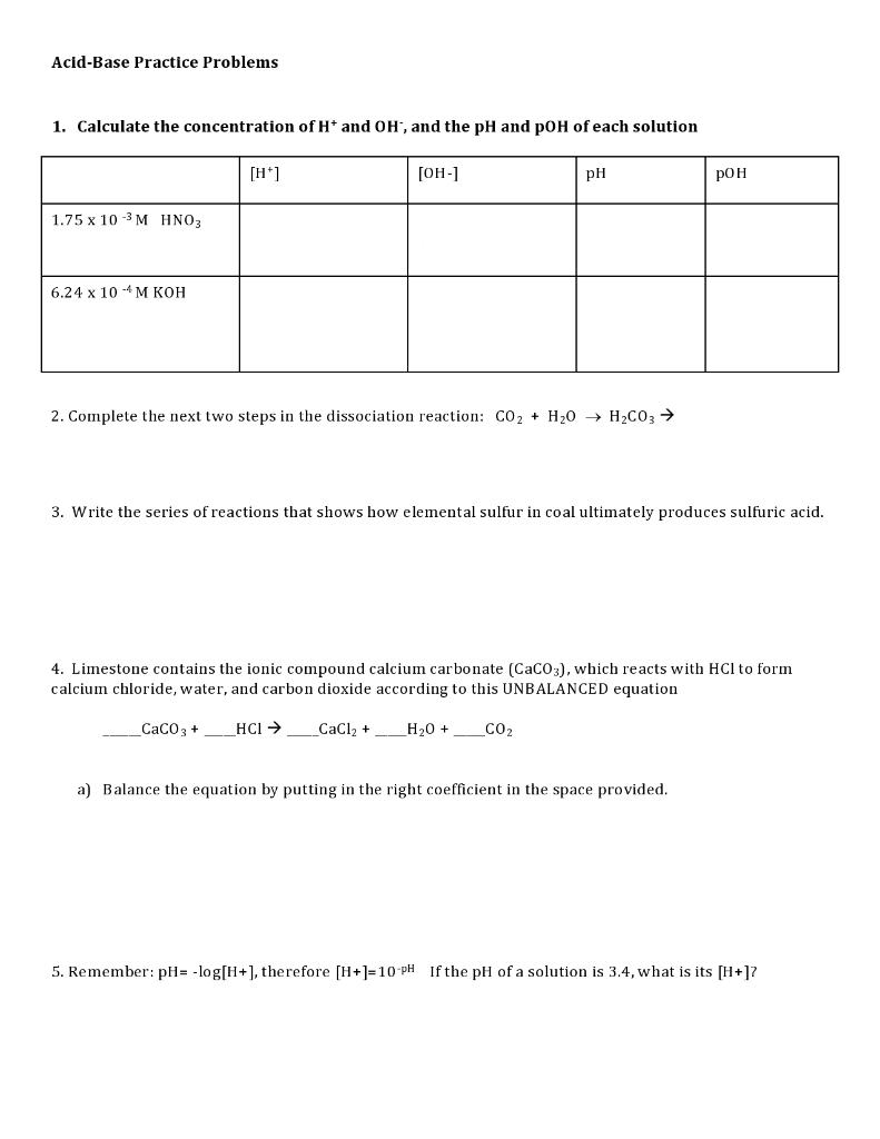 Solved Acid-Base Practice Problems 1. Calculate the | Chegg.com