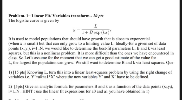Solved Problem. 1-Linear Fit/ Variables transform.- 20 pts | Chegg.com