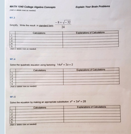 Solved MATH 1040 College Algebra Concepts Add or rows as | Chegg.com