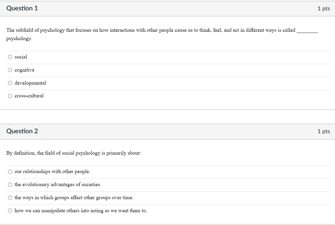 Solved Question 1 The subfield of psychology that focuses on | Chegg.com