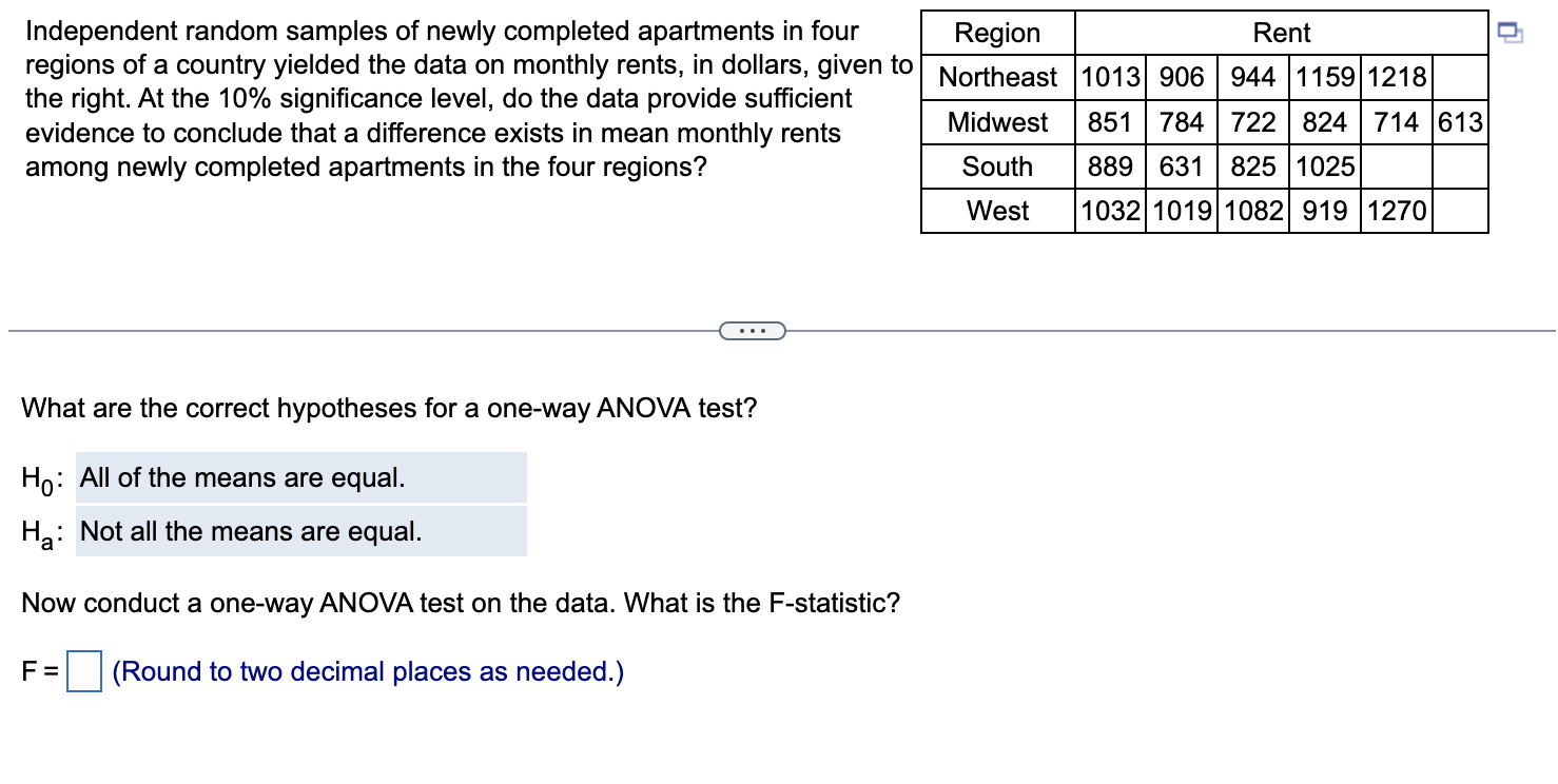 Solved What are the correct hypotheses for a one-way ANOVA | Chegg.com