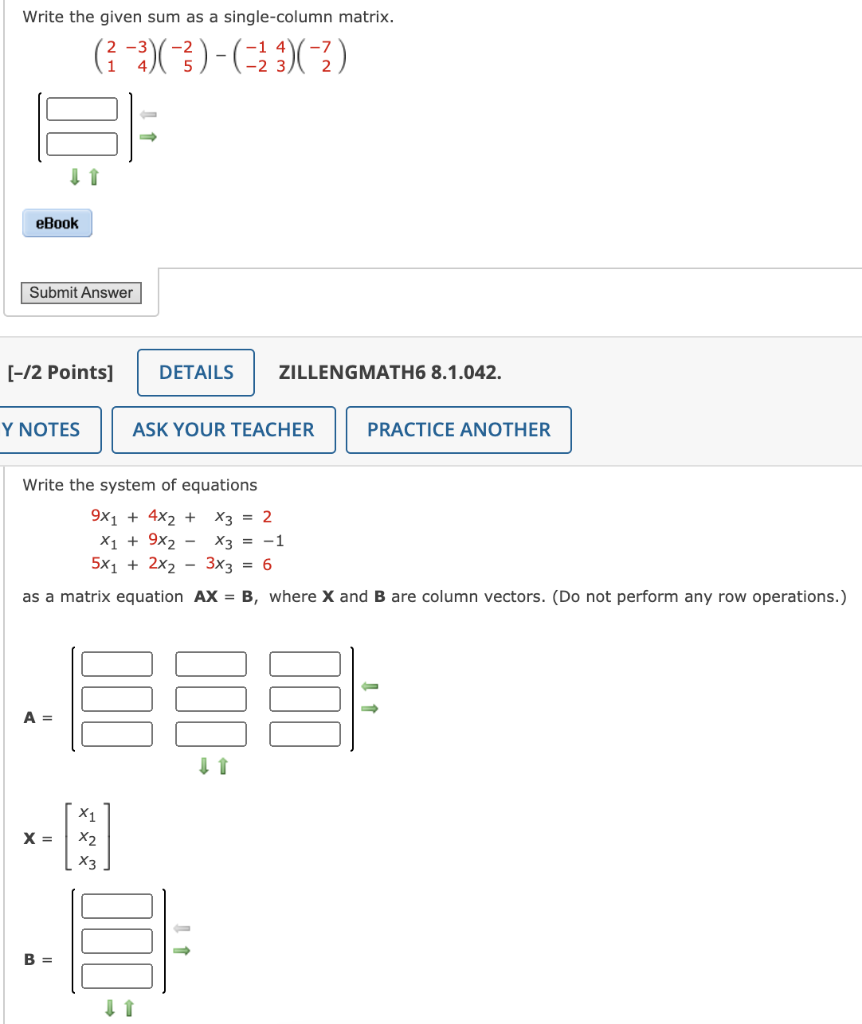 Solved Write the given sum as a single-column matrix. | Chegg.com