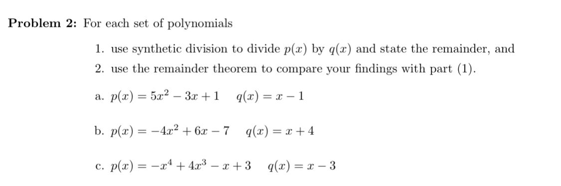 Solved em 2: For each set of polynomials 1. use synthetic | Chegg.com
