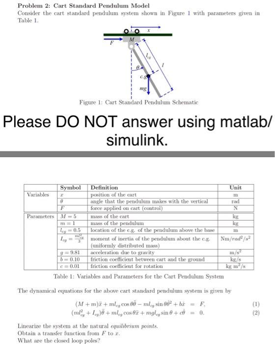 Solved I Problem 2: Cart Standard Pendulum Model Consider | Chegg.com