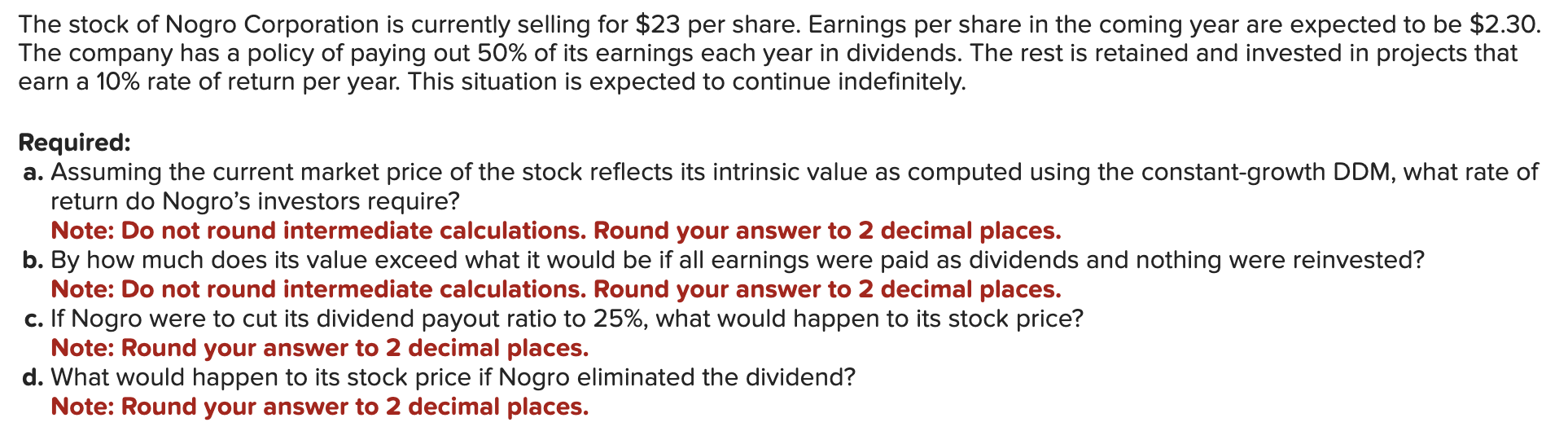 Solved The stock of Nogro Corporation is currently selling | Chegg.com