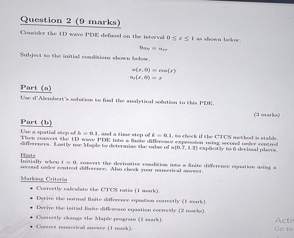 Solved Consider the 1D wave PDE defined on the interval | Chegg.com