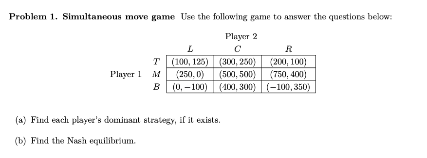 Solved Problem 1. ﻿Simultaneous move game Use the following | Chegg.com