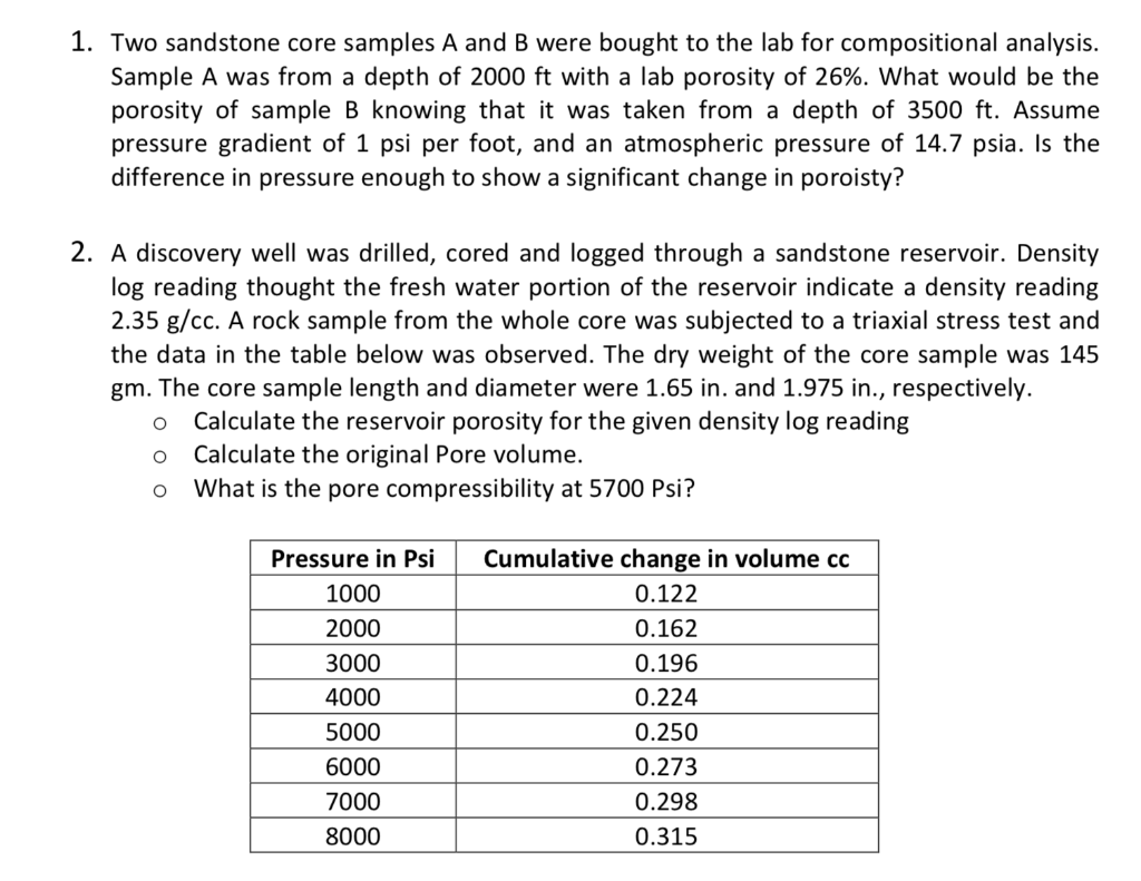 Solved 1. Two sandstone core samples A and B were bought to | Chegg.com