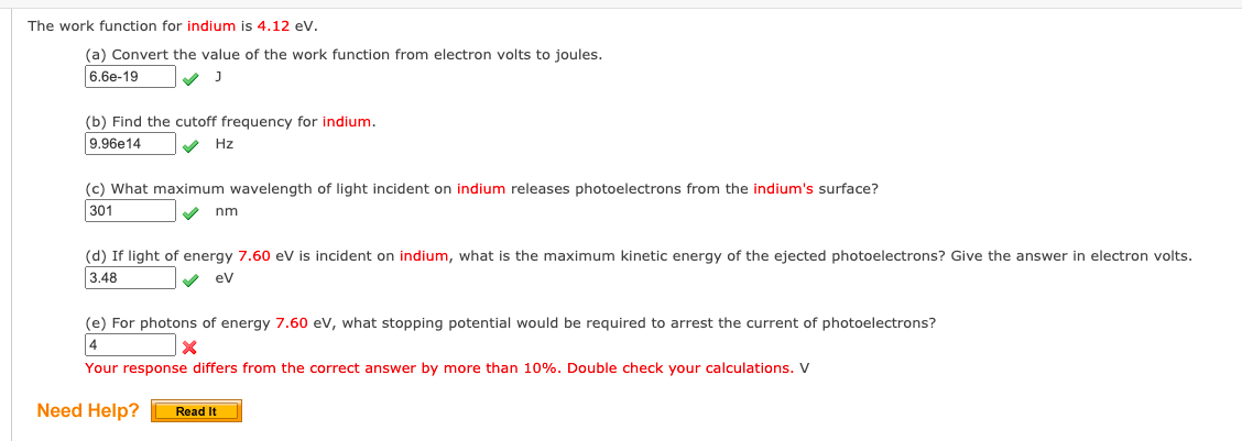 Solved The work function for indium is 4.12 eV. (a) Convert | Chegg.com