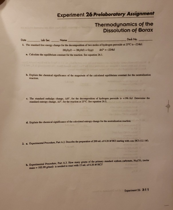 Solved Experiment 26 Prelaboratory Assignment Thermodynamics | Chegg.com