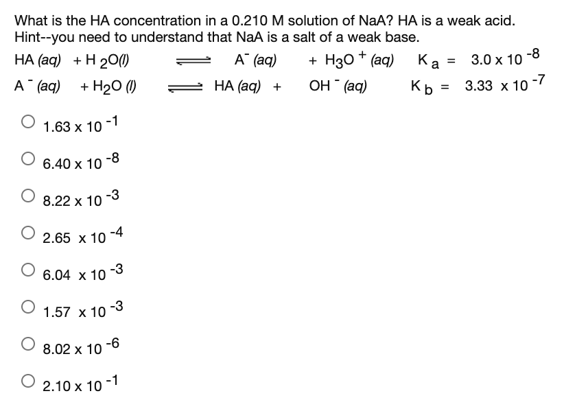 Solved What is the HA concentration in a 0.210 M solution of | Chegg.com